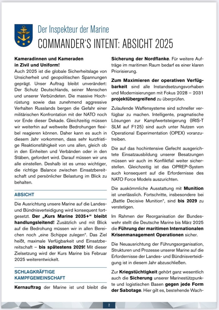 Commander’s Intent der Marine: Kriegstüchtig bis 2029 – Augen geradeaus!